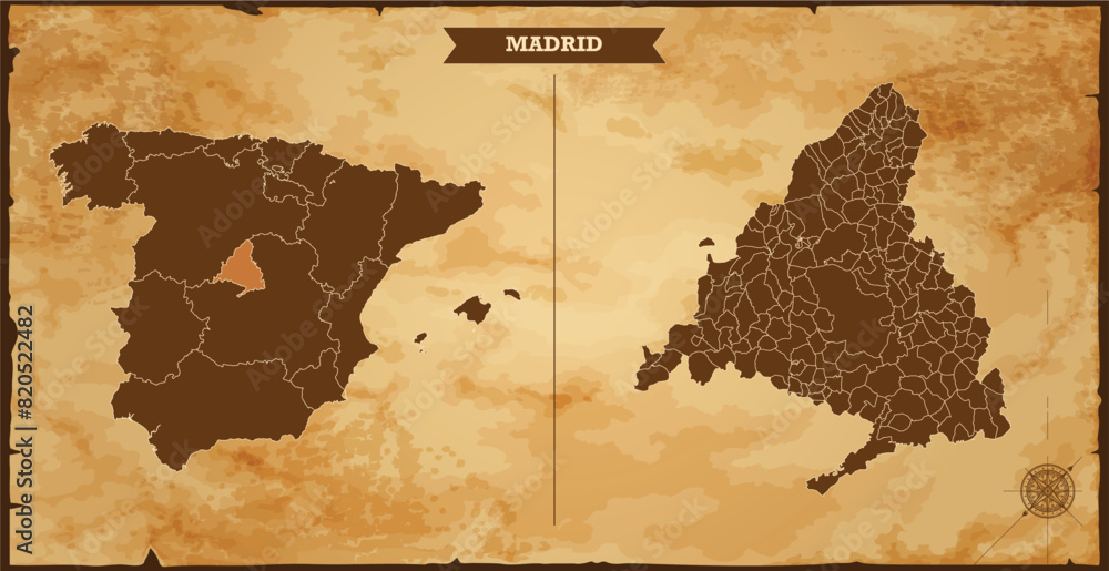 Madrid state map, Spain map with federal states in A vintage map based ...