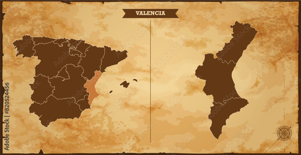 Valencia state map, Spain map with federal states in A vintage map ...