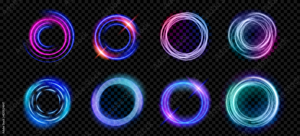 Neon light glow effect on abstract magic halo ring. 3d futuristic ...