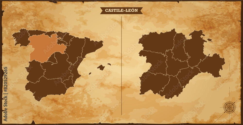 Castile–León state map, Spain map with federal states in A vintage map ...