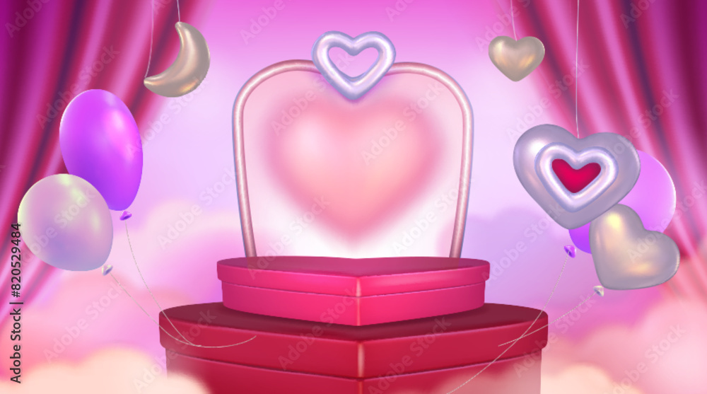 Heart shaped two steps stairs red product podium with arch, floating ...