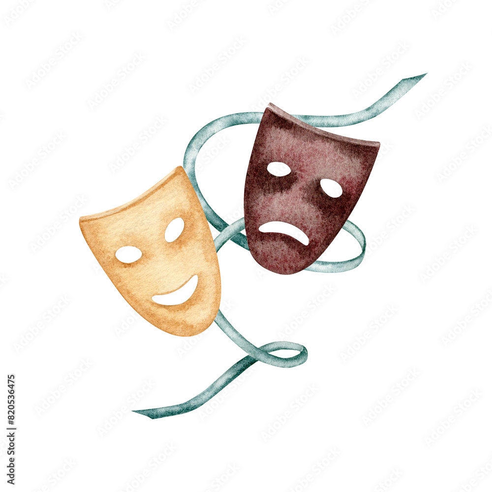 Theatrical actors comedy and tragedy masks composition. Hand drawn ...