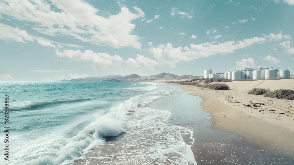 a coastal desalination plant against a backdrop of a pristine beach ...