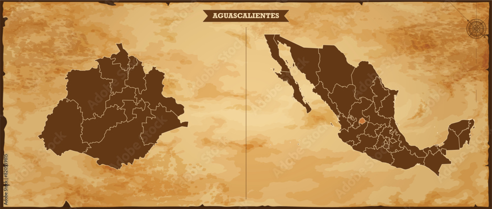 Poster Aguascalientes state map, Mexico map with federal states in A ...