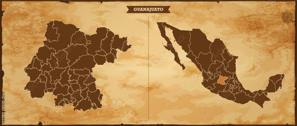 Guanajuato state map, Mexico map with federal states in A vintage map ...