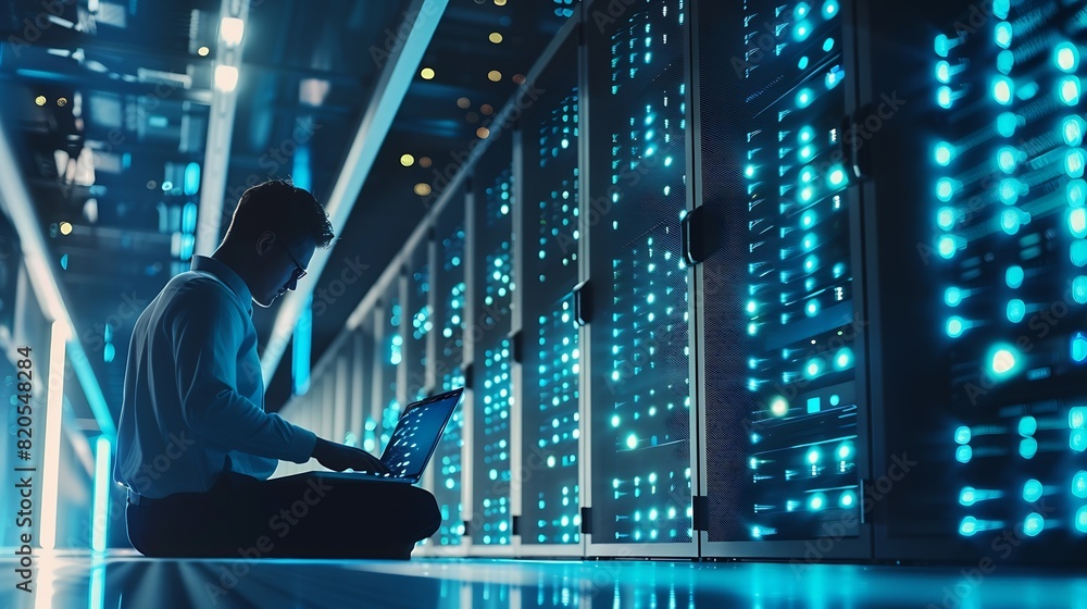 Computer engineer working on laptop computer with server room data ...