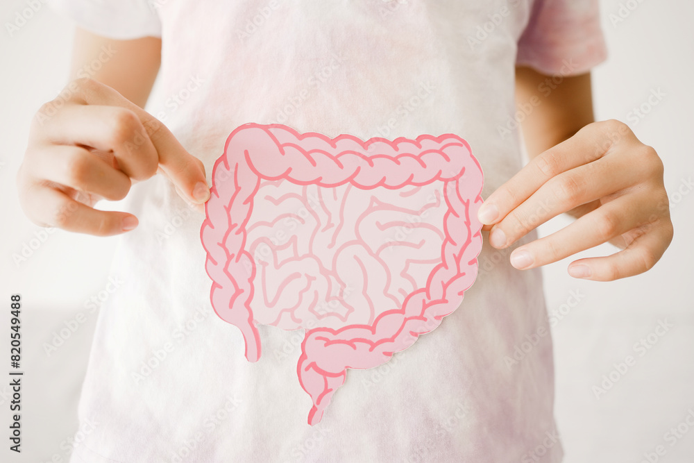 Preteen girl hands holding intestine shape, healthy bowel digestion ...