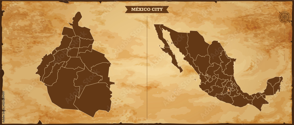 México City state map, Mexico map with federal states in A vintage map ...