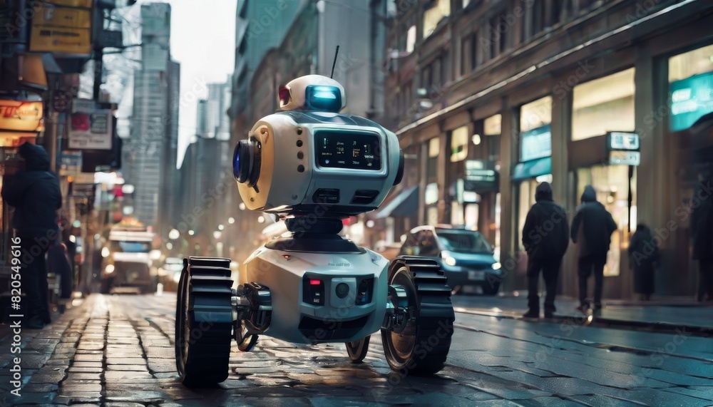 An autonomous robot with advanced AI capabilities navigates a bustling ...