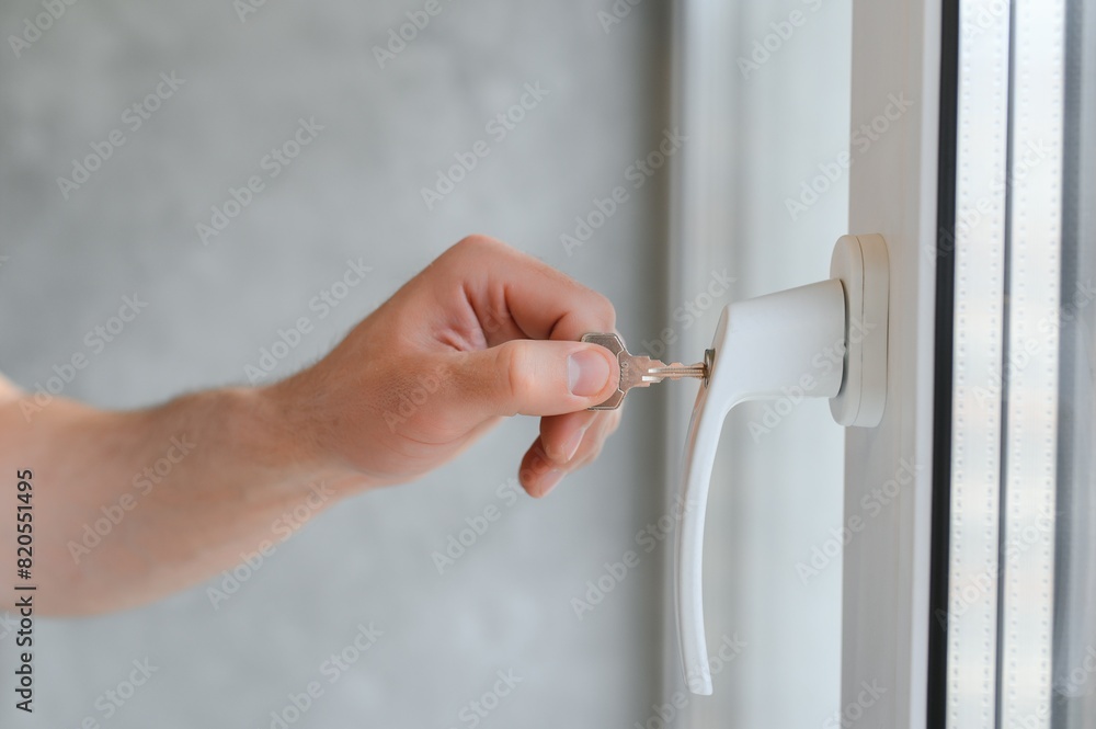 Window handle lock. Key locking window with key for kids safety. Window ...