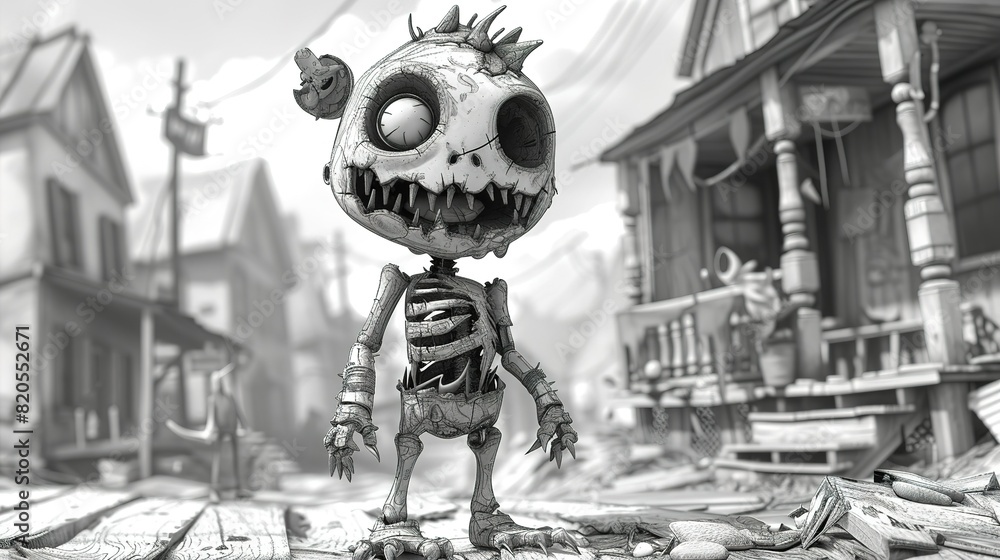 cute horror scene, creature and oddity horror coloring book page, black ...