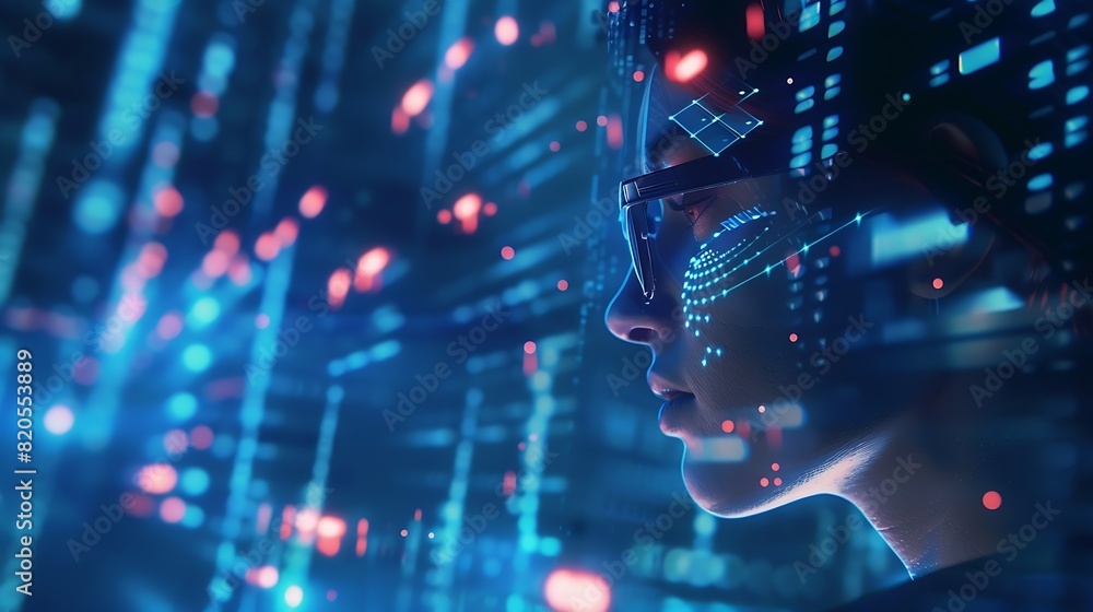 Software coding hologram and woman on tablet thinking of data analytics ...