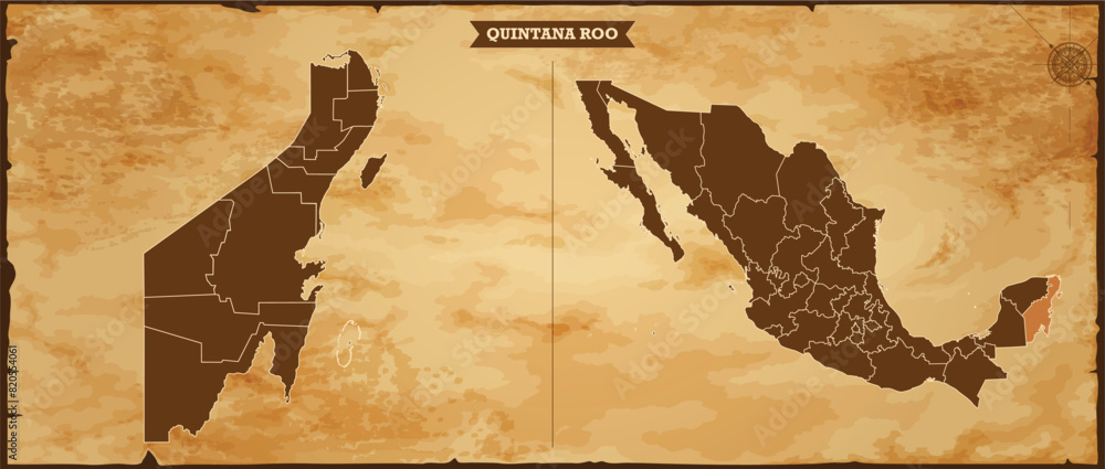 Quintana Roo state map, Mexico map with federal states in A vintage map ...