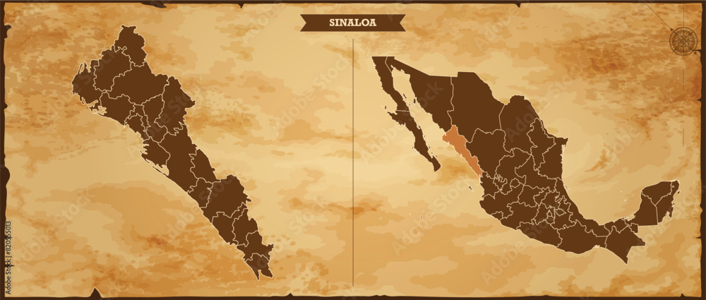 Sinaloa state map, Mexico map with federal states in A vintage map ...