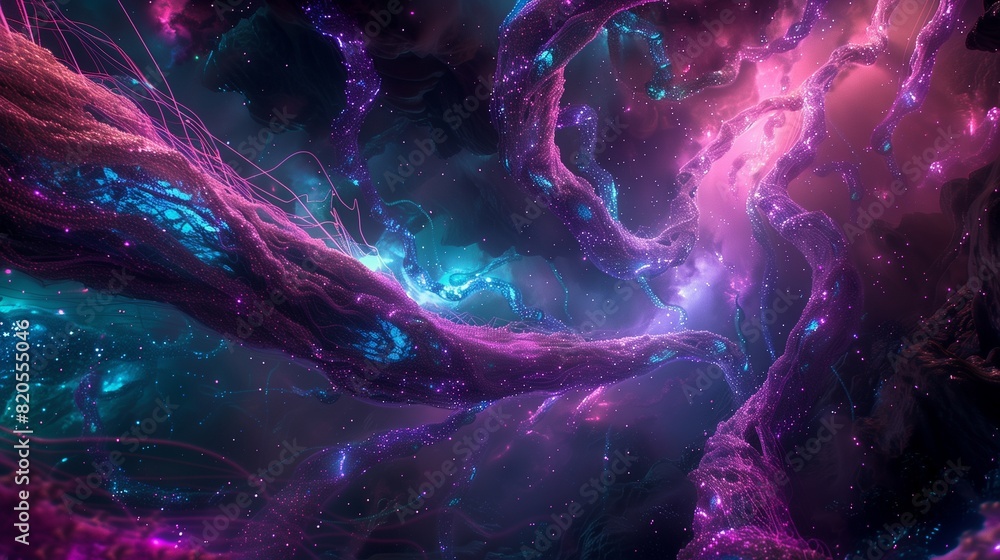 Chromatic, bioluminescent tendrils and filaments snaking and coiling ...