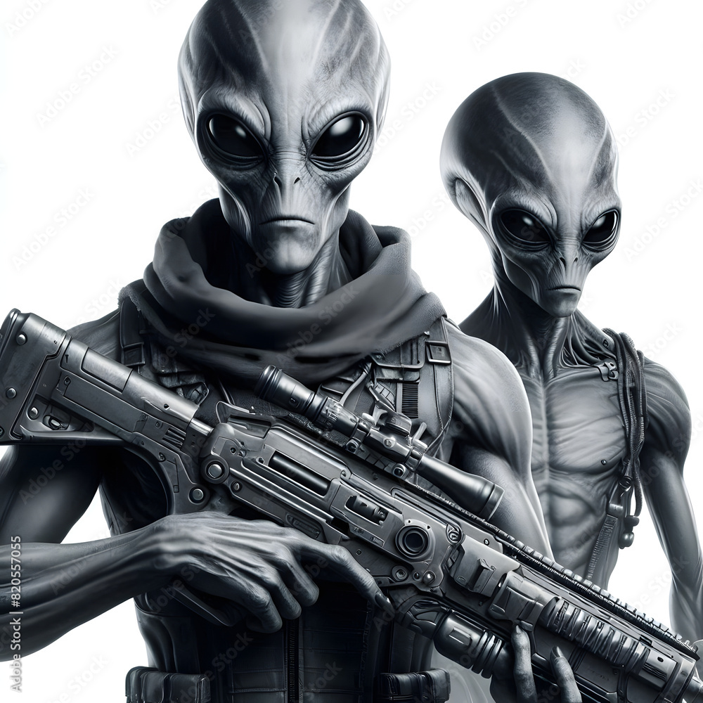 grey alien and his weapon portrait on white background prapare for war ...