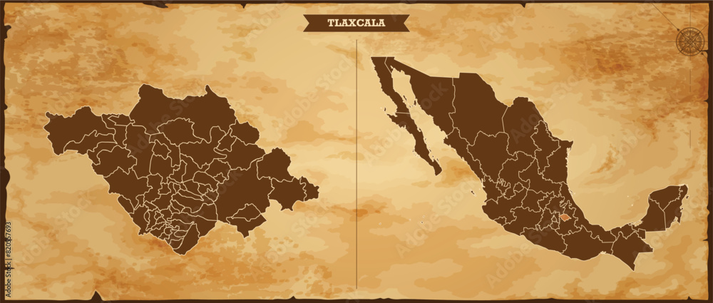 Tlaxcala state map, Mexico map with federal states in A vintage map ...