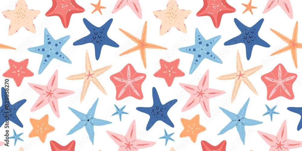 Starfish vector seamless pattern in cartoon flat style. Sea animal ...