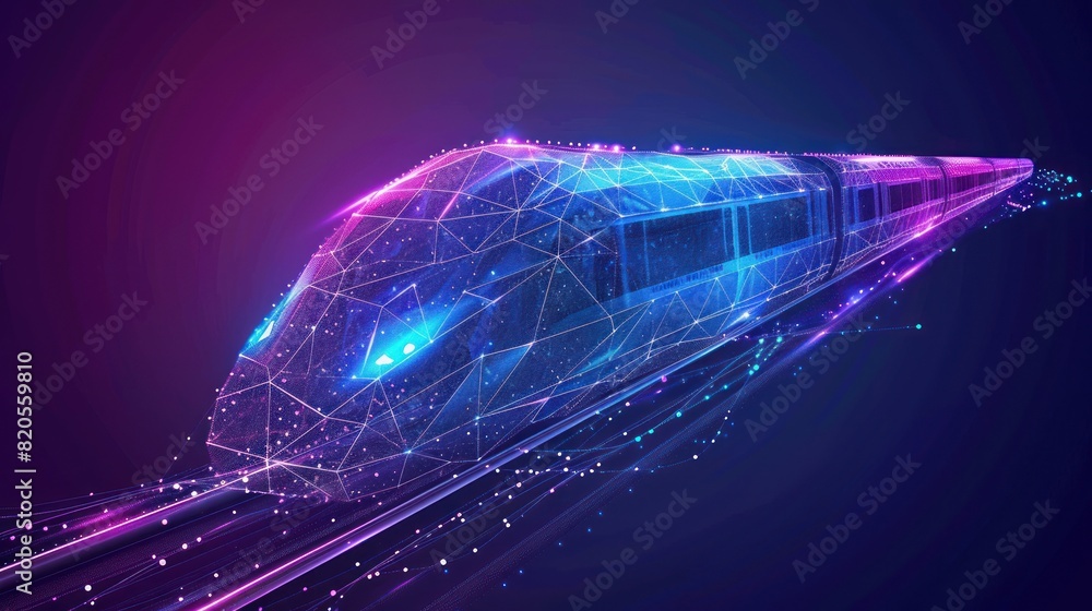 Digital low poly wireframe of futuristic high-speed train. Future logistics, modern technology ...