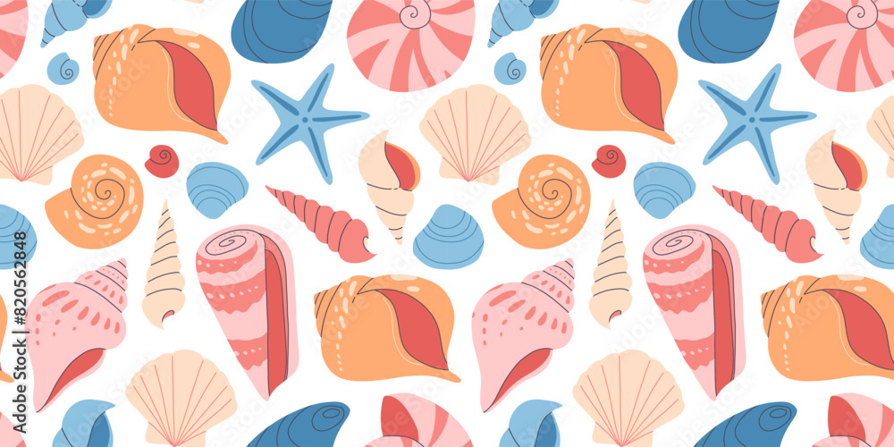 Sea shell seamless pattern. Ocean exotic underwater seashell conch ...