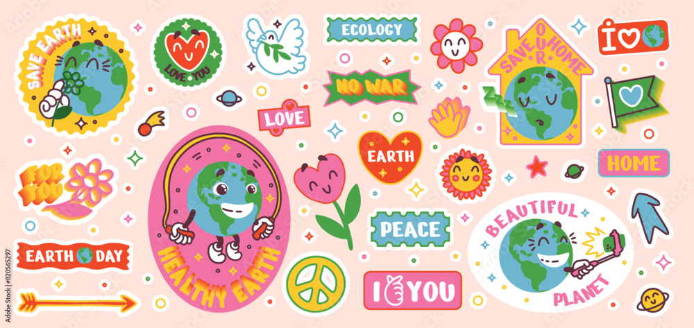 Eco stickers. Retro Earth planet. World pop face for smile poster ...