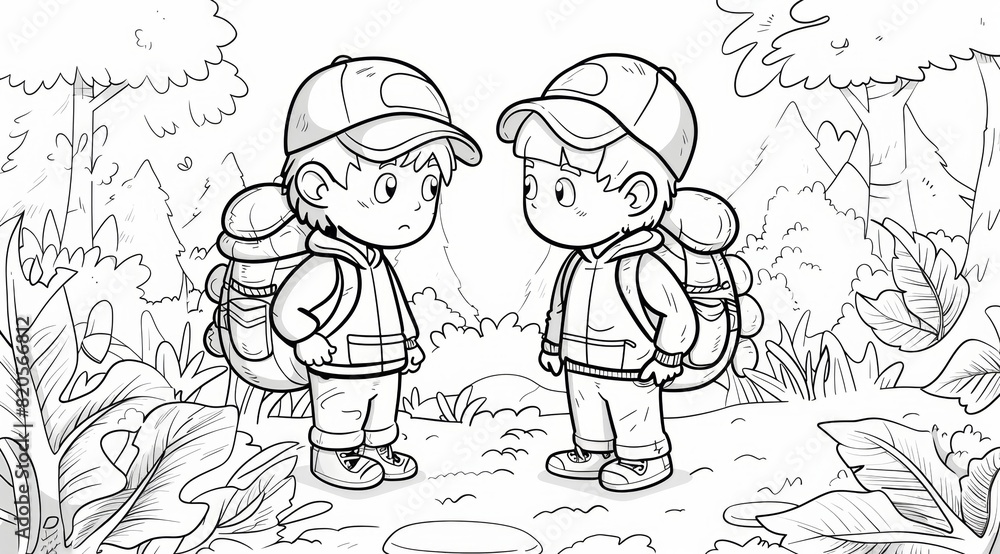 A simple coloring line drawing of a Game where children search for ...