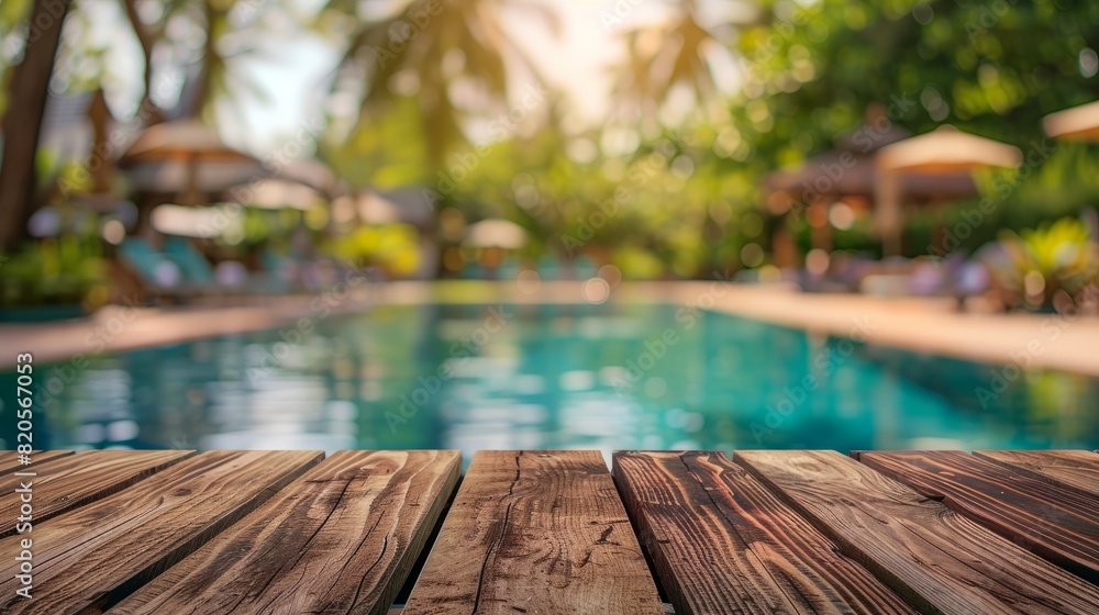Image of wood table in front of swimming pool blur background. Brown ...