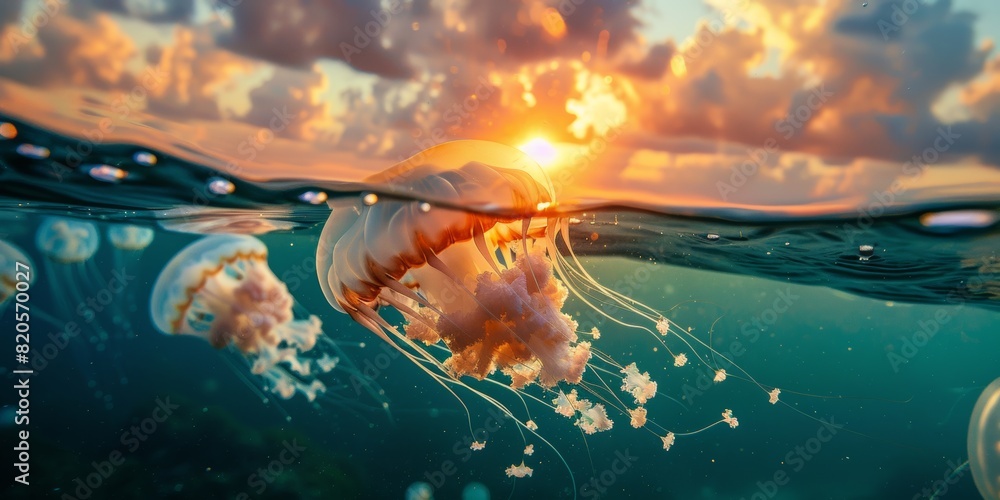 Jellyfish underwater with the sun setting above the water surface ...