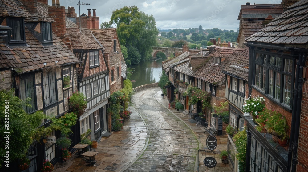 Bird's-eye view of the historic streets of Chester with its Roman ...