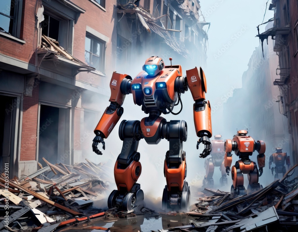 Two large, orange search and rescue robots survey the aftermath of a building collapse, with ...