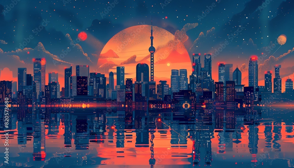 dynamic skyline filled with a mix of futuristic architecture and ...