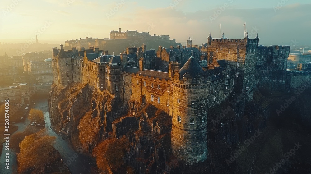Overhead perspective of the historic Edinburgh Castle atop Castle Rock ...