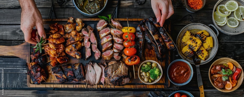 Flat lay of a barbecue platter with an assortment of grilled meats ...