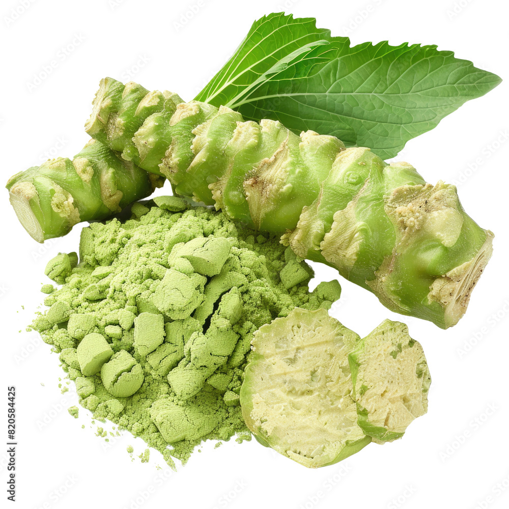 Fresh wasabi root and wasabi powder with green leaves isolated on white ...