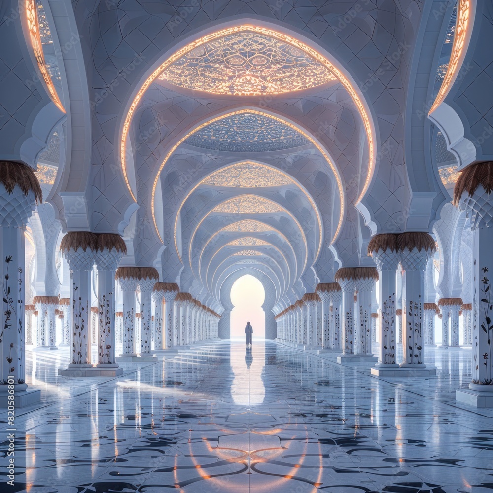 Islamic mosque corridor with arches and light shadows, gradient ...