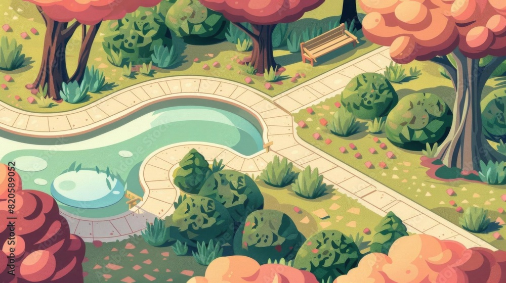 isometric illustration of a park with a curved path, a pond, and a ...