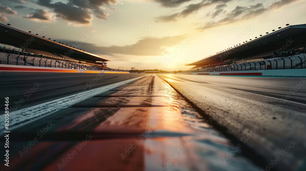 F1 race track circuit road with motion blur and grandstand stadium for ...