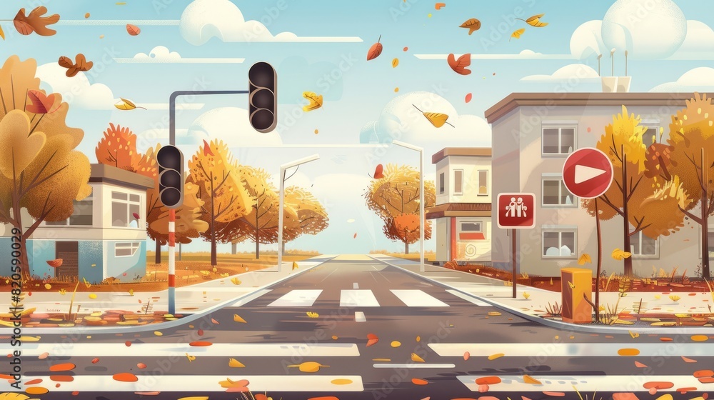 Cartoon autumn street landscape with sidewalk, traffic light and ...