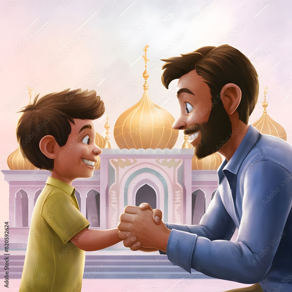 Father and son hand shaking character illustration. Eid day greeting ...