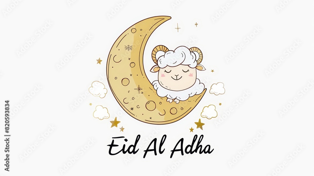 An illustration of a cute baby sheep ram sleeping on a crescent moon. a ...