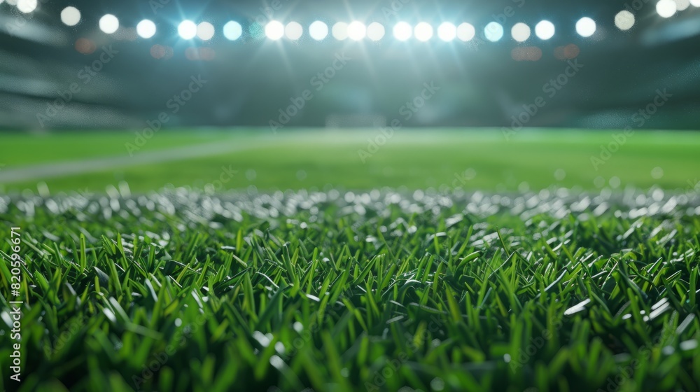 Lawn in the soccer stadium. Football stadium with lights. Grass close ...