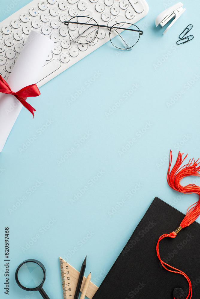Top vertical view of a graduate's workspace with diploma, glasses ...