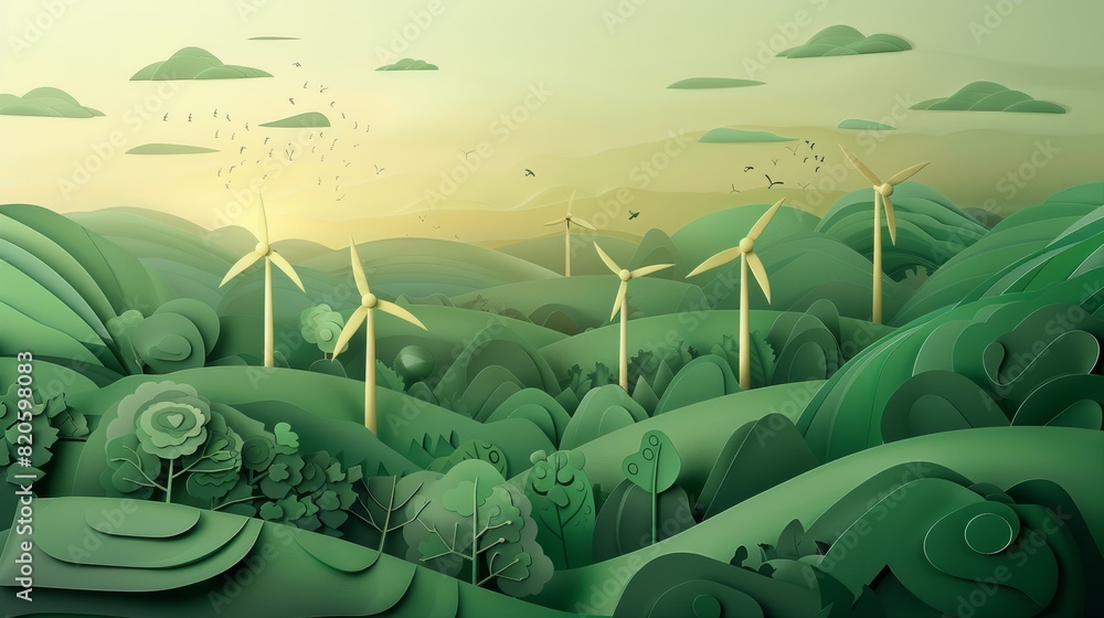 Paper art , renewable energy with green energy as wind turbines ...