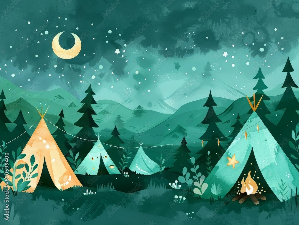 The night sky is full of stars and a crescent moon. There are three ...