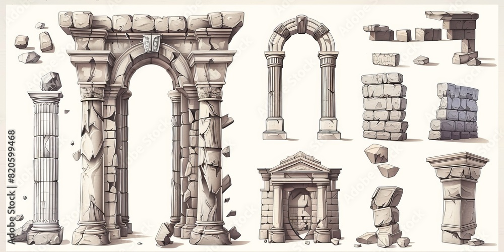 Ancient ruin set. Old Atlantis city temple building pillar and arch ...