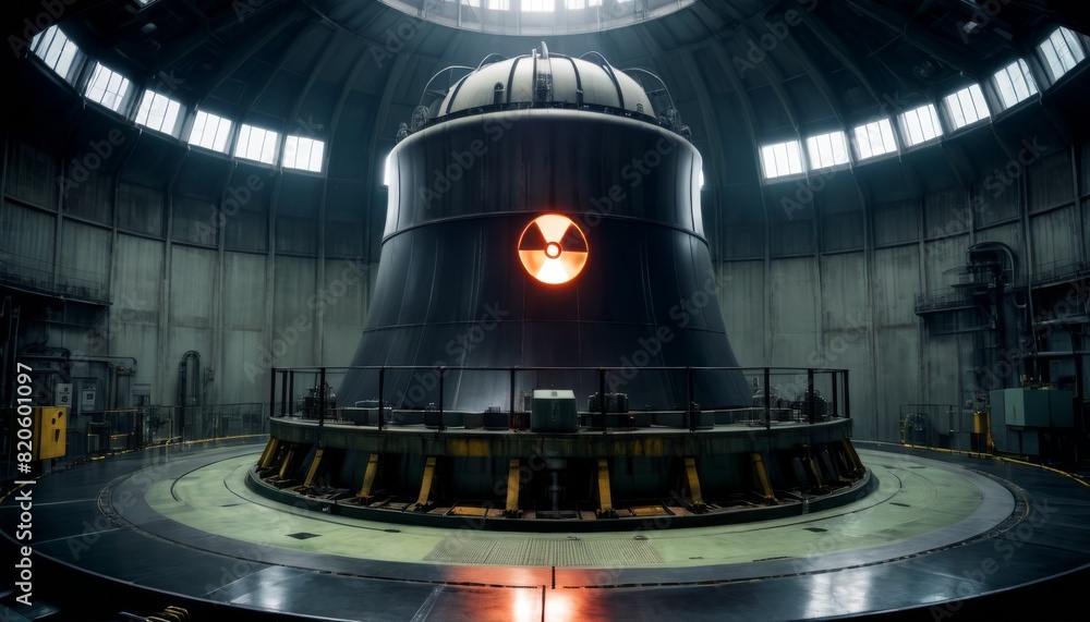 An industrial nuclear reactor core looms inside a vast, dimly lit ...