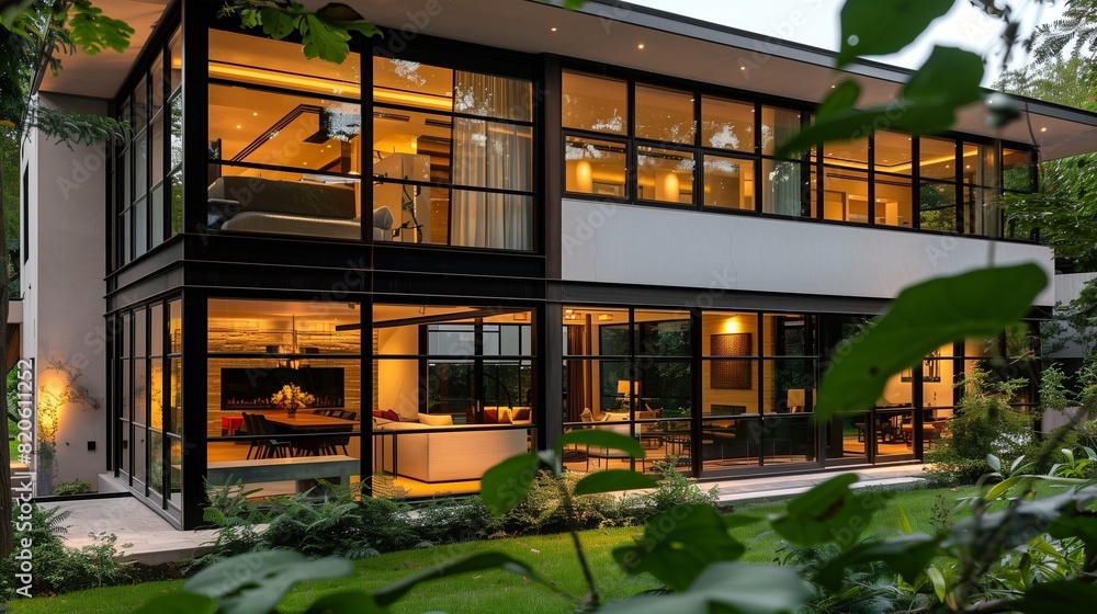 A newly built contemporary residence in a suburban setting, with large ...
