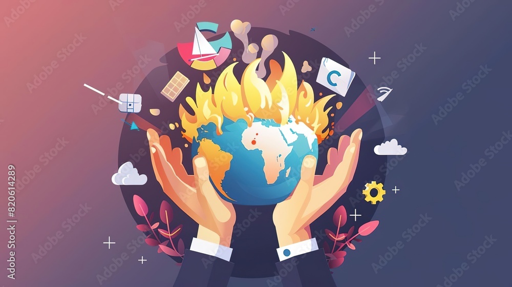 Globe on fire in hands, dark background, intense flames, illuminated ...