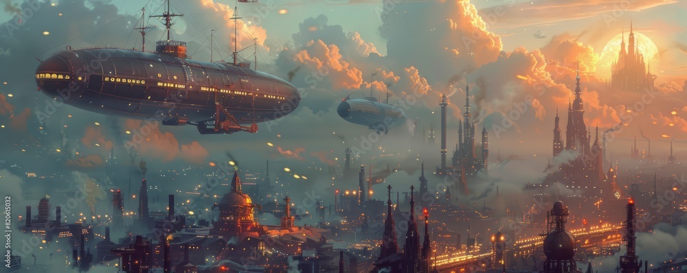 A steampunk cityscape where towering airships dock at brass-clad ...