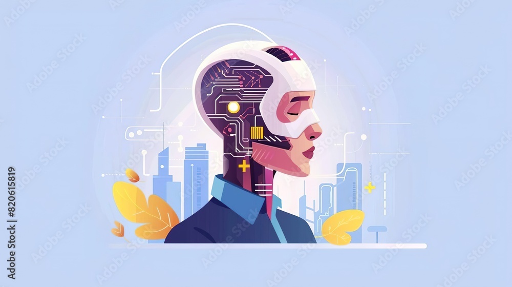 An illustration of a cyborg. The cyborg is depicted as a young woman ...